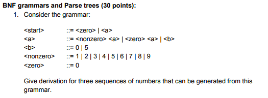 Solved BNF grammars and Parse trees (30 points): 1. Consider | Chegg.com