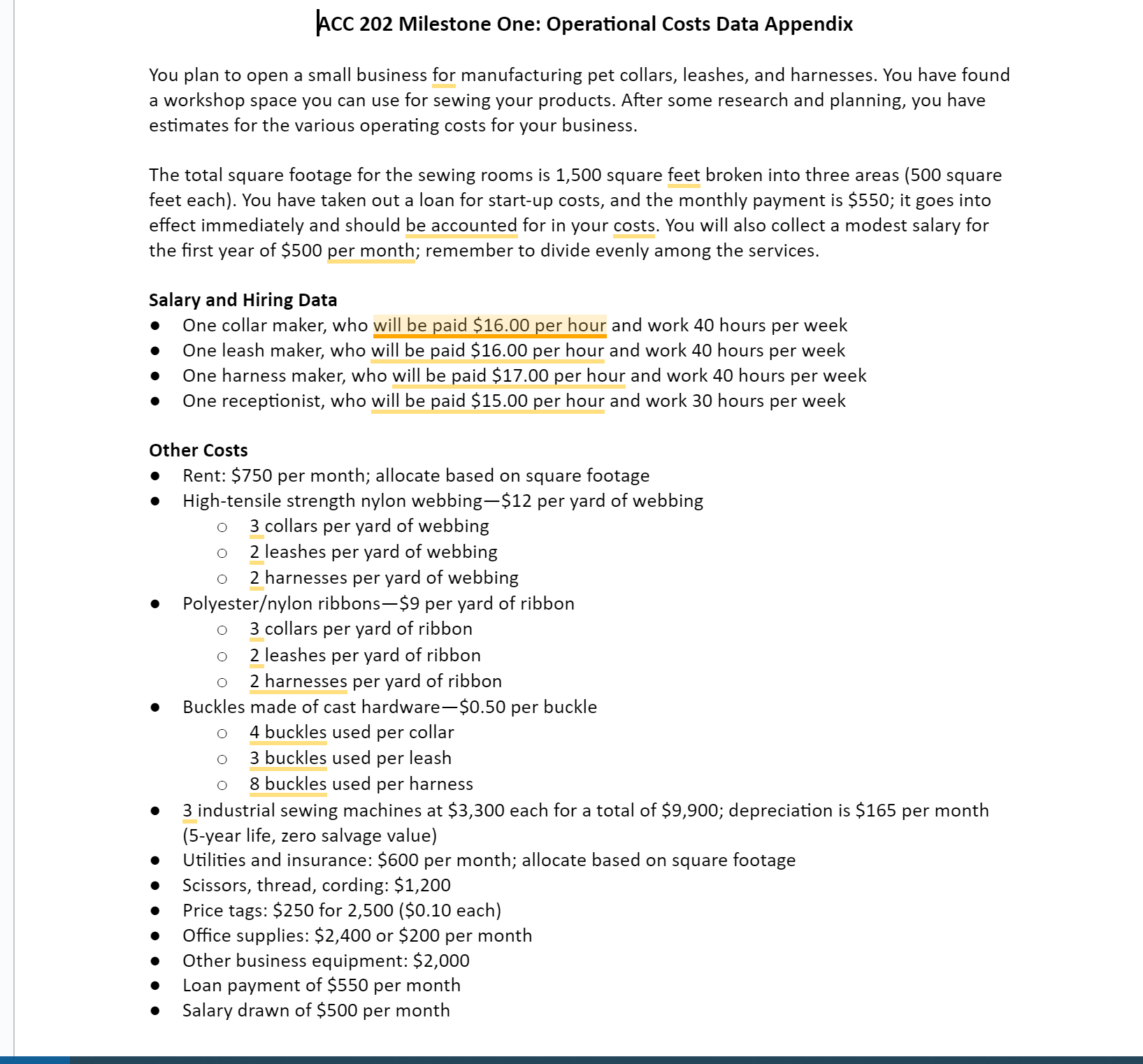 Solved ACC 202 Milestone One: Operational Costs Data | Chegg.com