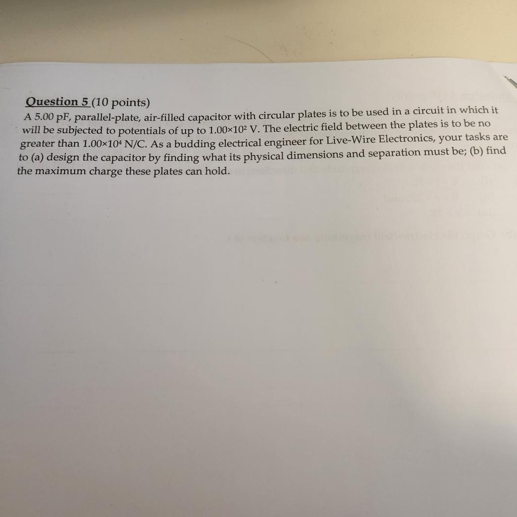 Solved Question 5 (10 points) A 5.00pF, parallel-plate, | Chegg.com