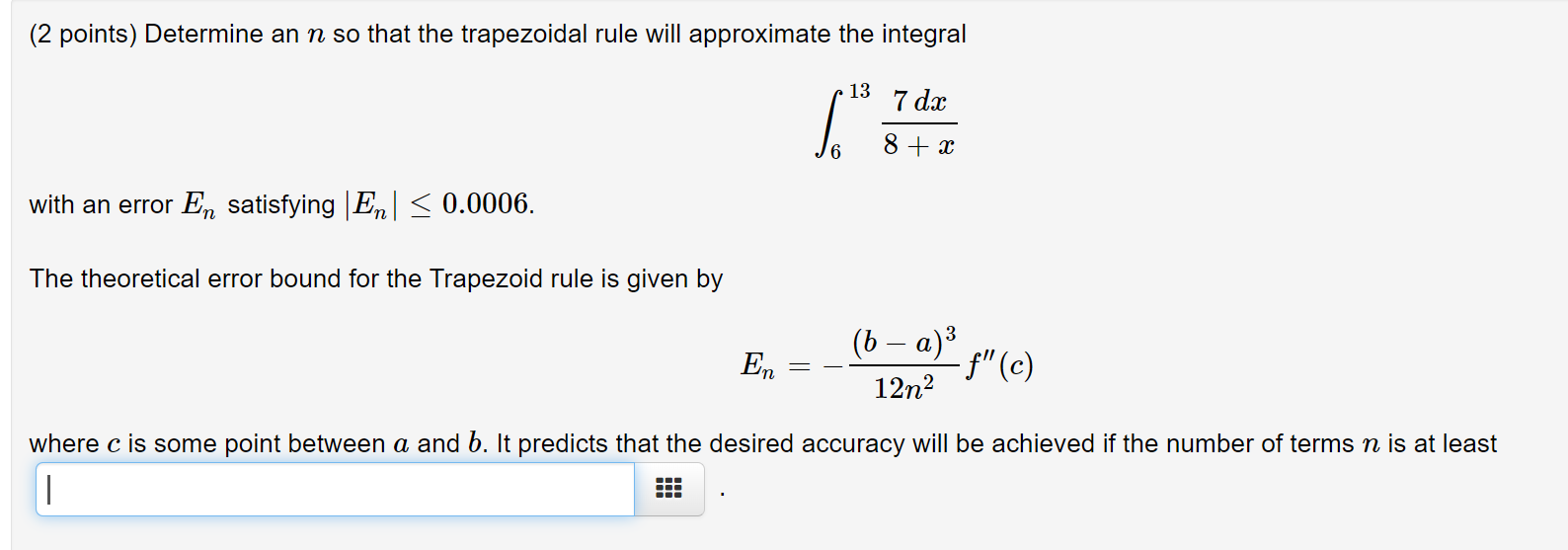 Solved (2 points) Determine an n so that the trapezoidal | Chegg.com