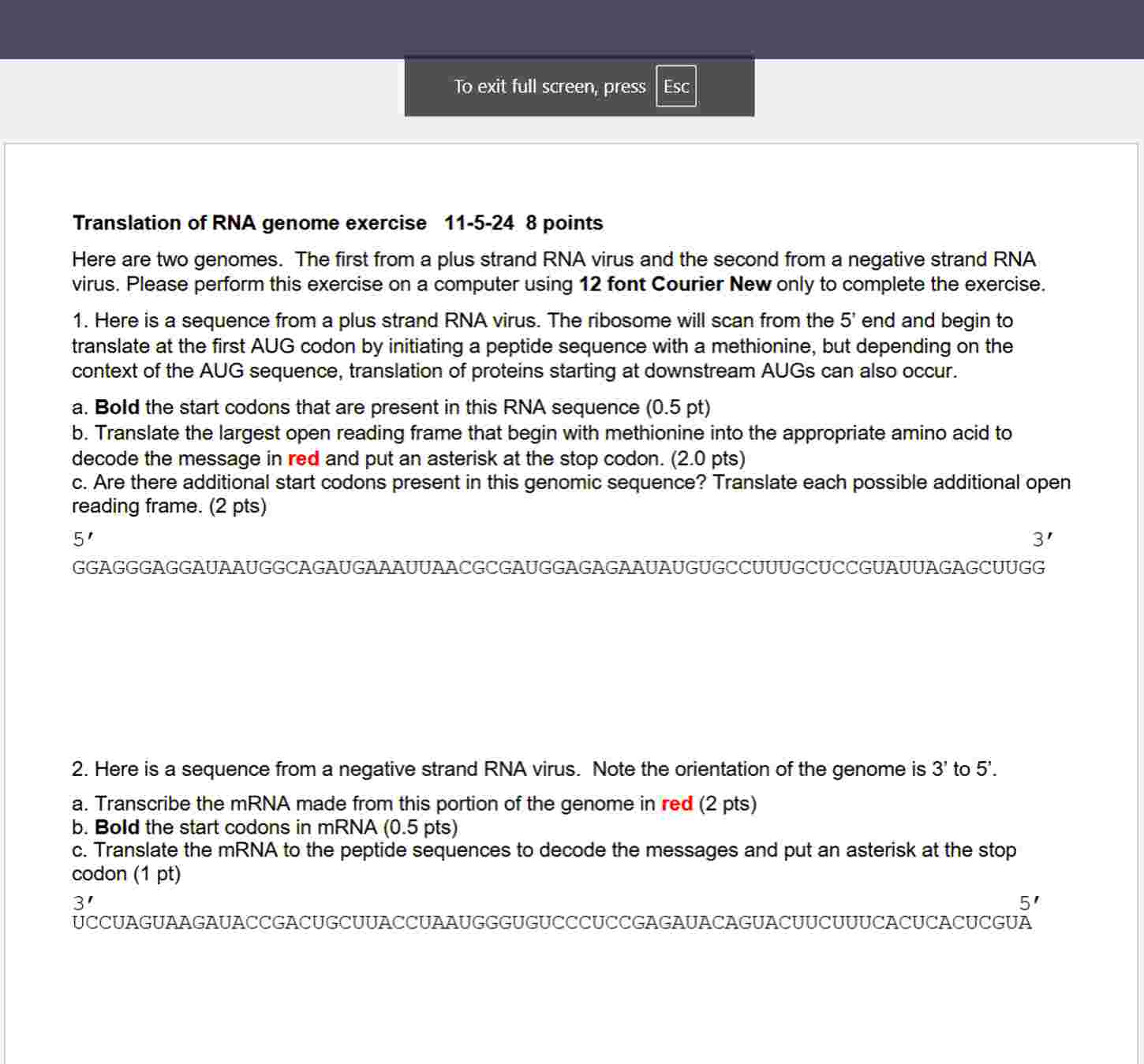 Solved Translation of RNA genome exercise 11-5-24 8 | Chegg.com
