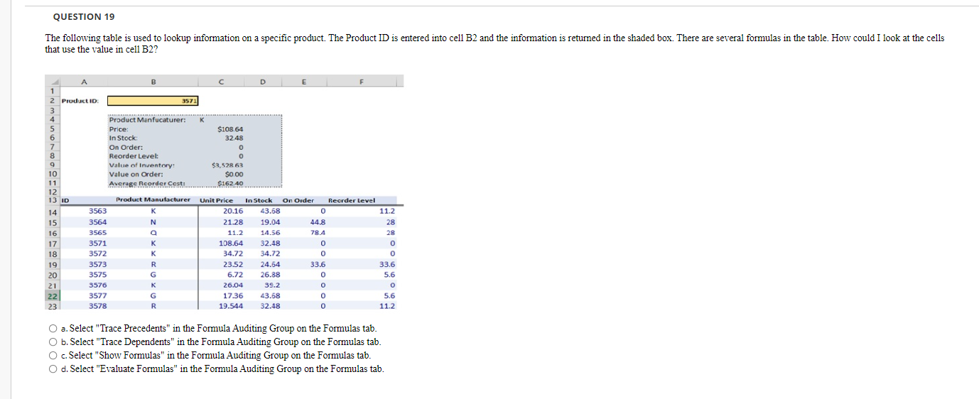 Solved QUESTION 19 that use the value in cell \\( B 2 \\) ? | Chegg.com