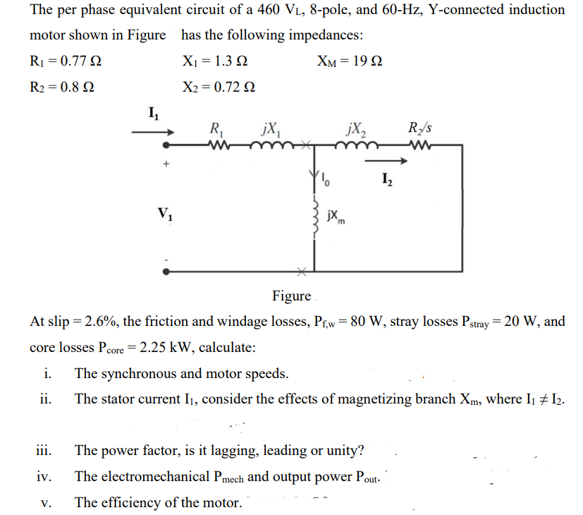 Solved The per phase equivalent circuit of a 460 V., 8-pole, | Chegg.com