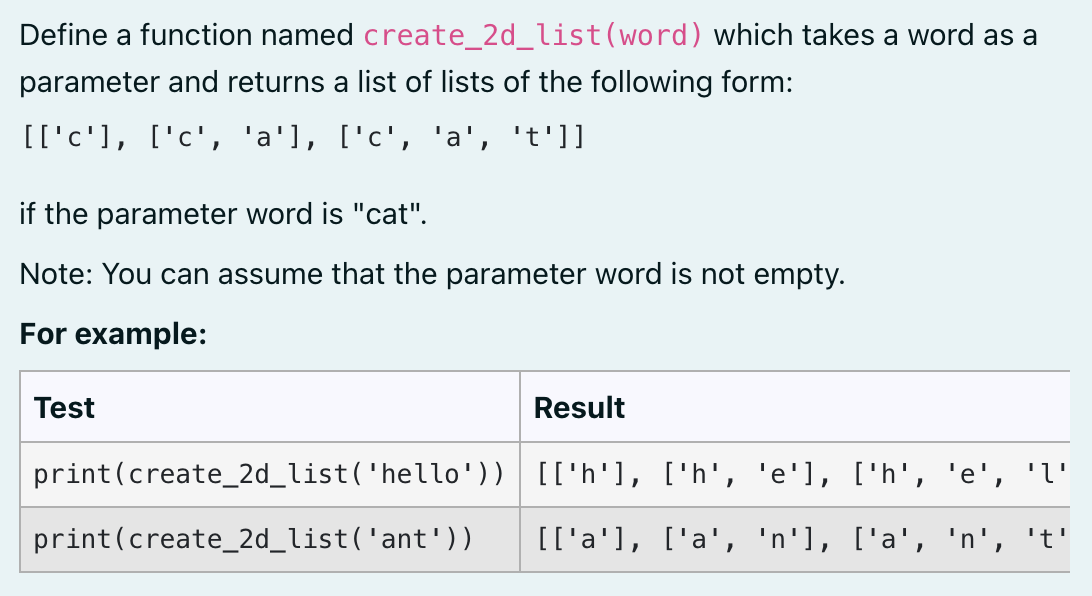 Solved Define a function named create_2d__ist (word) which | Chegg.com