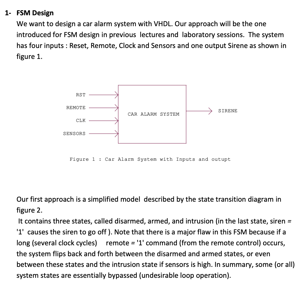 Solved 1- FSM Design We want to design a car alarm system | Chegg.com