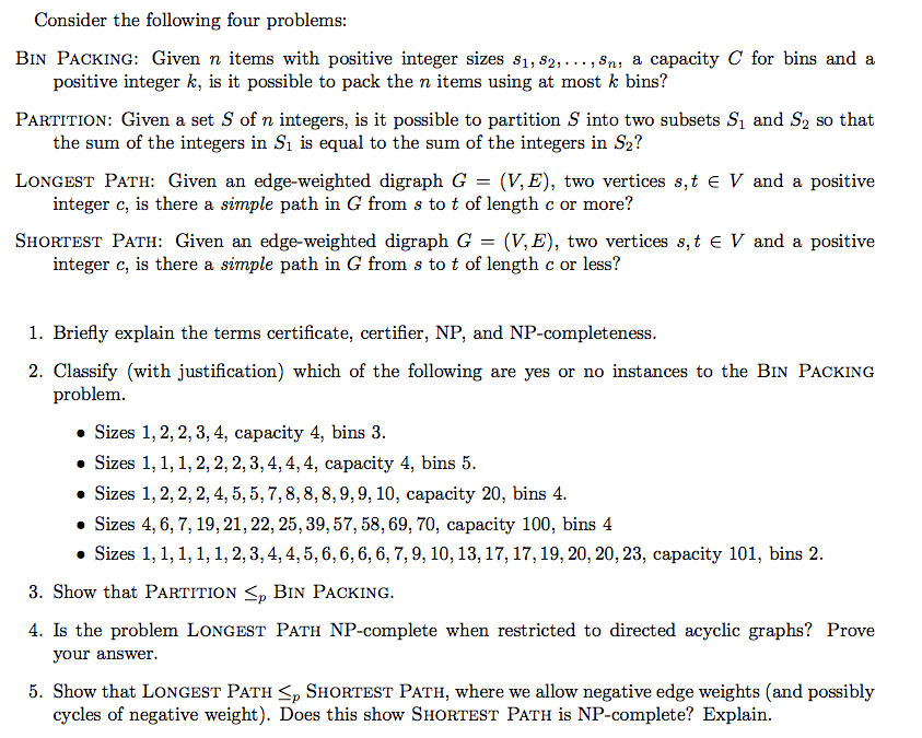 Consider the following four problems: BIN PACKING: | Chegg.com