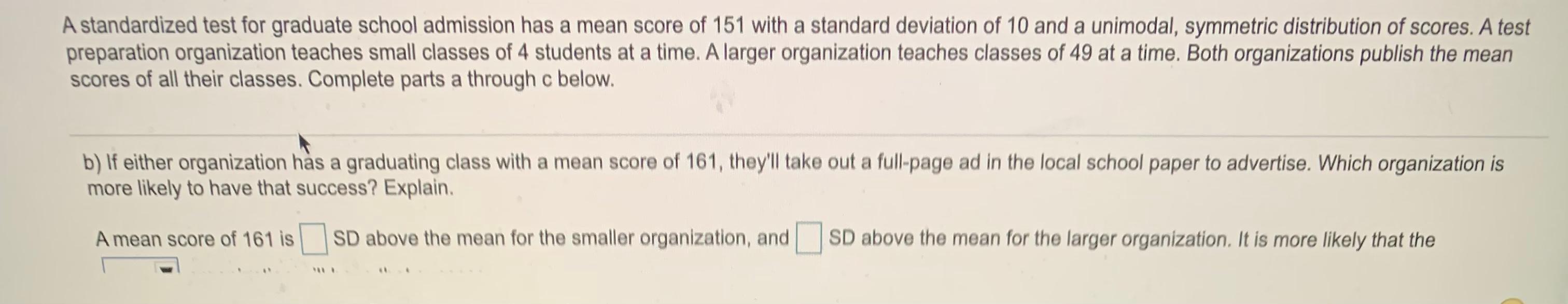 Solved A standardized test for graduate school admission has | Chegg.com