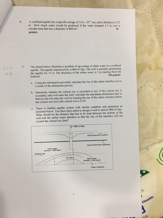 Solved 6 A confined aquifer has a specific storage of 3.6 x | Chegg.com