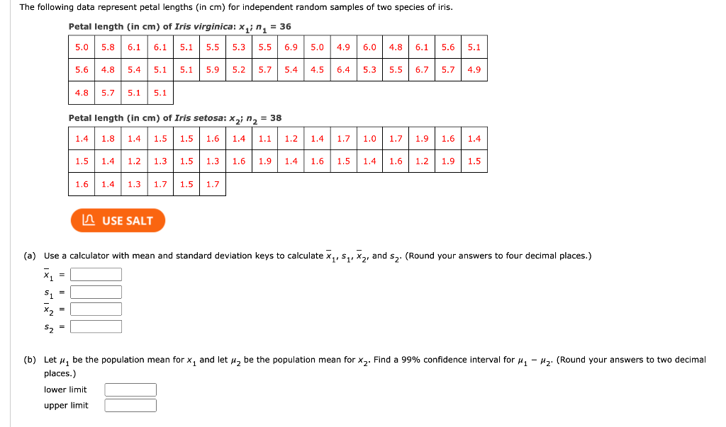 Solved The following data represent petal lengths (in cm) | Chegg.com