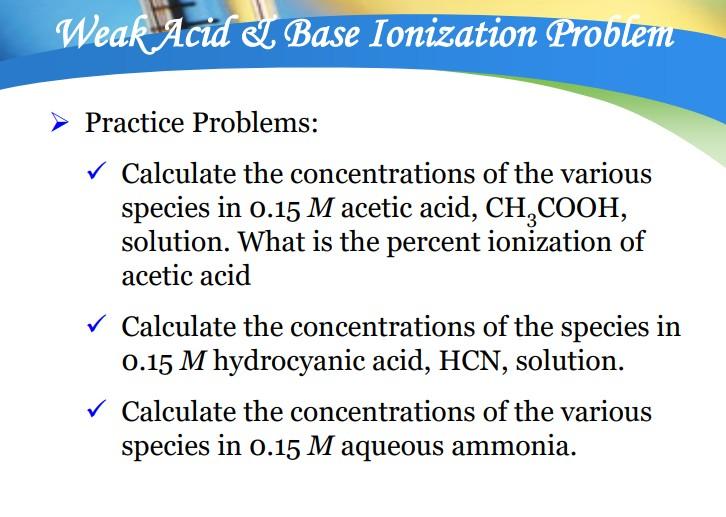 Solved Weak Acid L. Base Ionization Problem Practice | Chegg.com