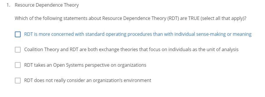 Solved 1. Resource Dependence Theory Which of the following | Chegg.com