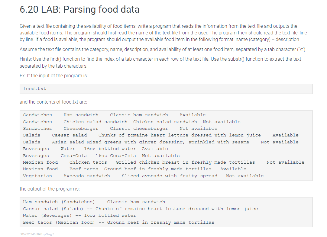 Solved 6.20 LAB: Parsing food data Given a text file | Chegg.com