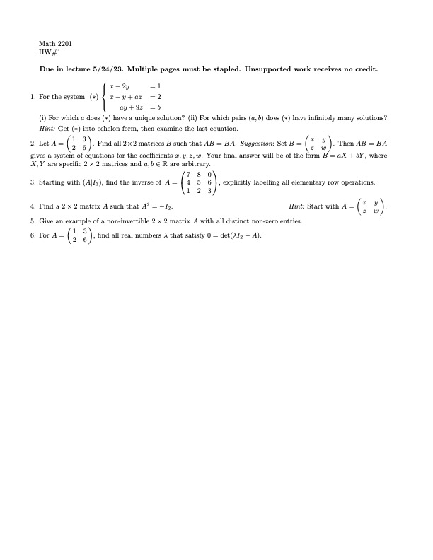 Solved Math 2201 HW\#1 Due in lecture 5/24/23. Multiple | Chegg.com