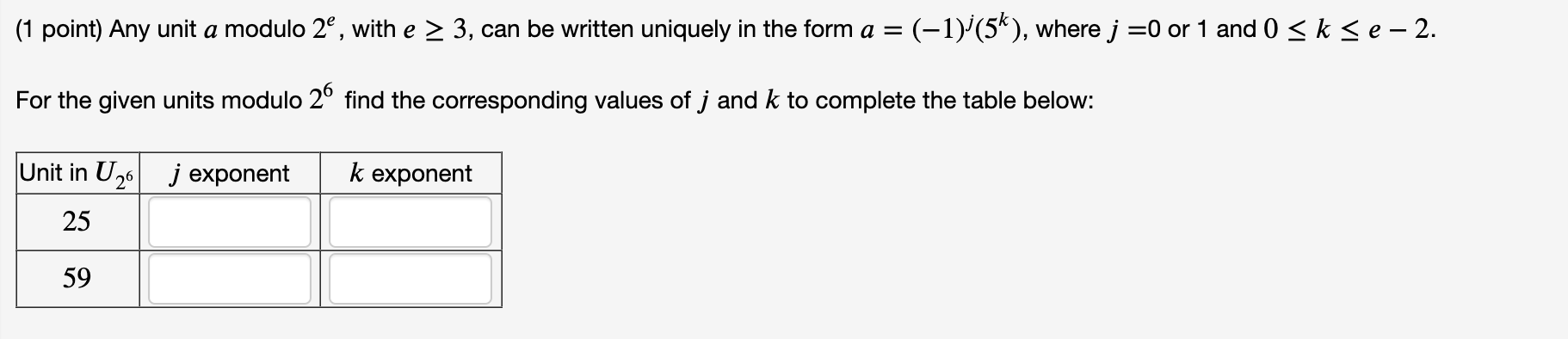 Solved (1 point) Any unit a modulo 2e, with e≥3, can be | Chegg.com