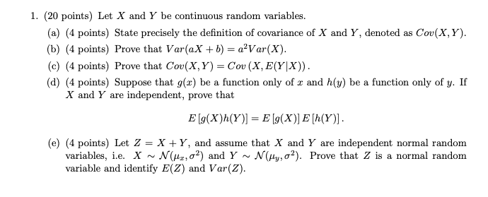 Solved 1. (20 points) Let X and Y be continuous random | Chegg.com