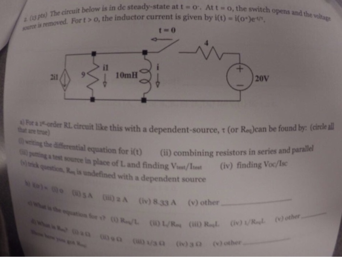 Solved The circuit below is in dc steady-state at t = 0. At | Chegg.com