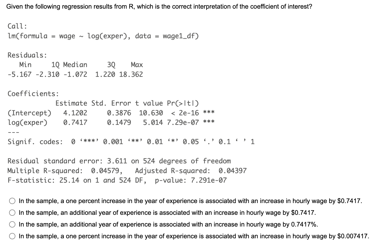 Solved Given the following regression results from R, which | Chegg.com