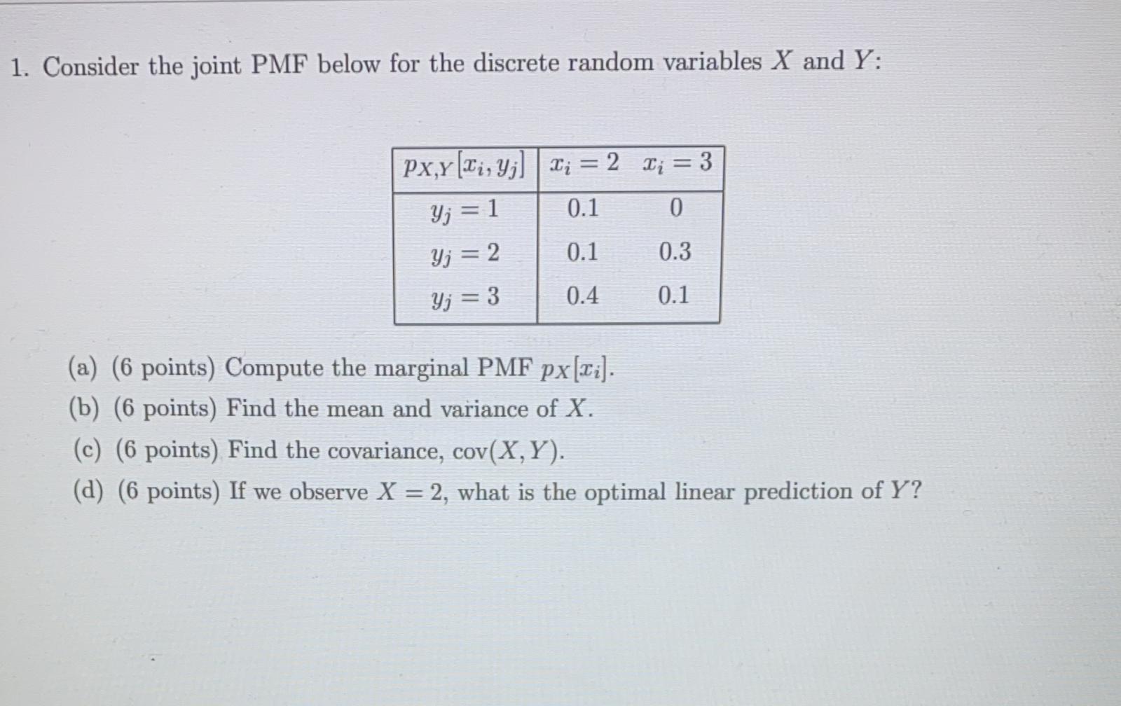 Solved 1. Consider the joint PMF below for the discrete | Chegg.com
