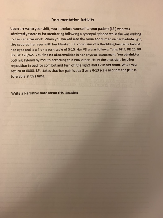 Solved Documentation Activity Upon arrival to your shift, | Chegg.com