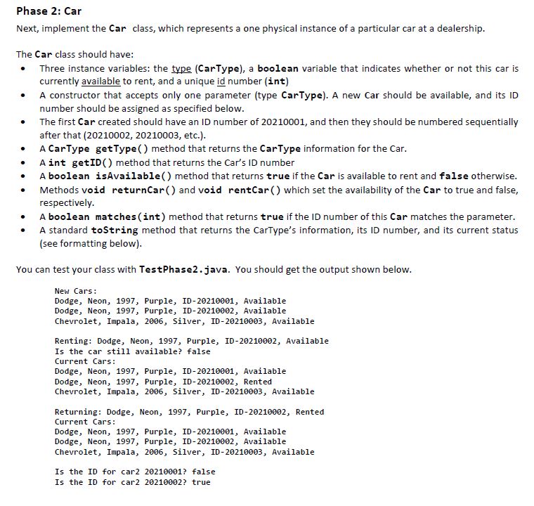 Solved Phase 2: Car Next, implement the Car class, which | Chegg.com