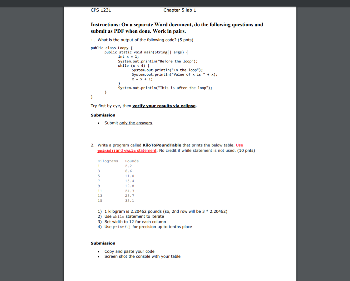 Solved CPS 1231 Chapter 5 lab 1 Instructions: On a separate | Chegg.com