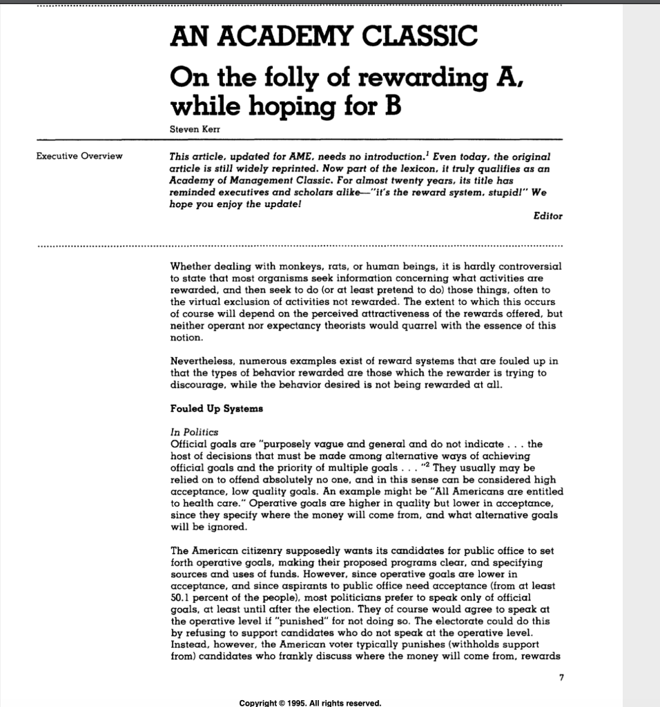 AN ACADEMY CLASSIC On the folly of rewarding A while | Chegg.com