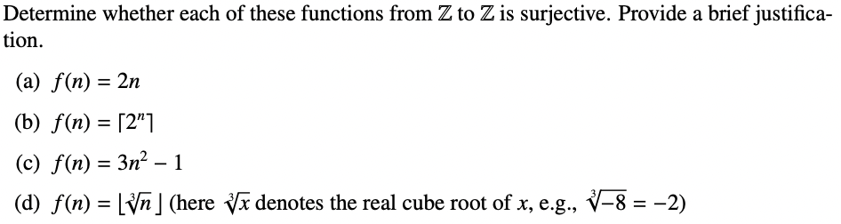 Solved Determine whether each of these functions from Z to Z | Chegg.com