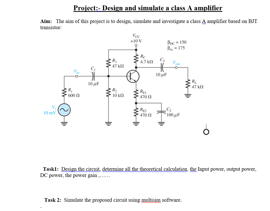 Solved Project:- Design and simulate a class A amplifier | Chegg.com