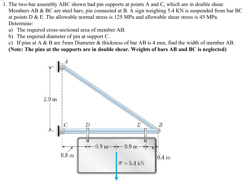 Solved 1. The two-bar assembly ABC shown had pin supports at | Chegg.com