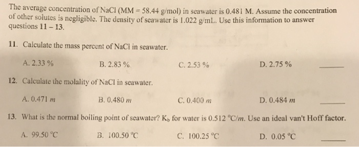 Solved The average concentration of NaCl (MM 58.44 g/mol) in | Chegg.com