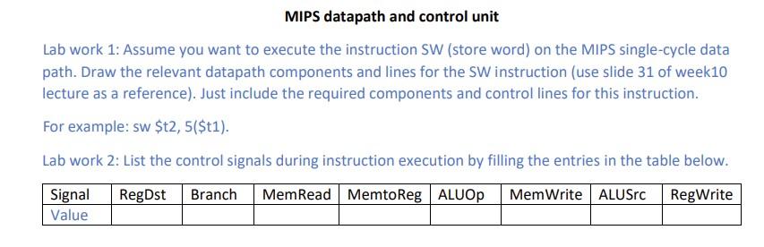 Solved MIPS datapath and control unit Lab work 1: Assume you | Chegg.com