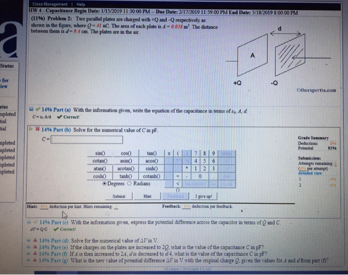 Solved Class l Help Hw 4-Capacitance Begin Date: 1/152019 | Chegg.com