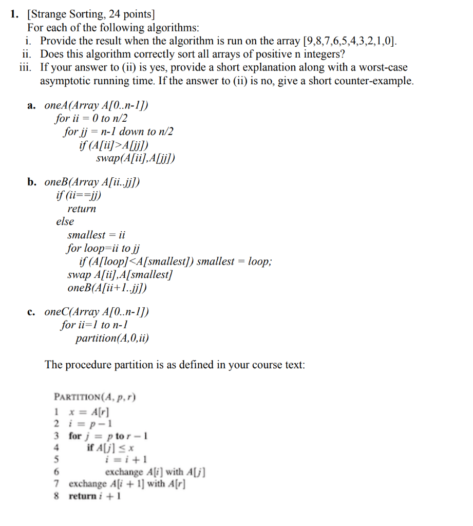 1. [Strange Sorting, 24 points For each of the | Chegg.com