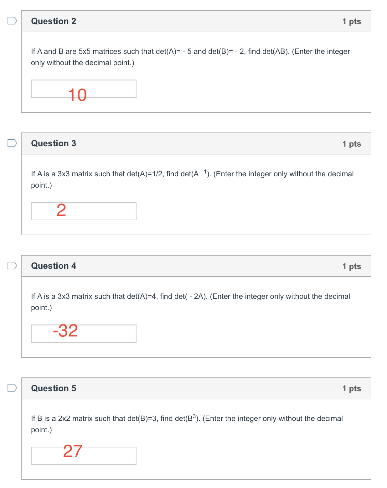 [Math, Main Topic: Determinants]All answers are | Chegg.com