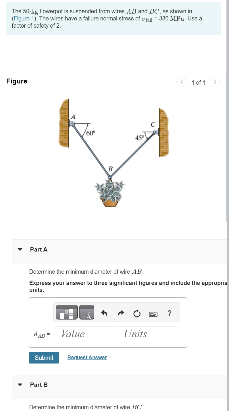 Solved The 50-kg ﻿flowerpot is suspended from wires AB ﻿and | Chegg.com