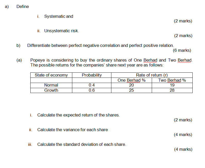 Solved Define i. Systematic and (2 marks) ii. Unsystematic | Chegg.com