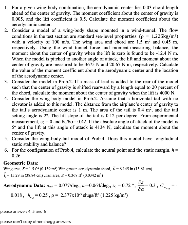 Solved 1. For a given wing-body combination, the aerodynamic | Chegg.com
