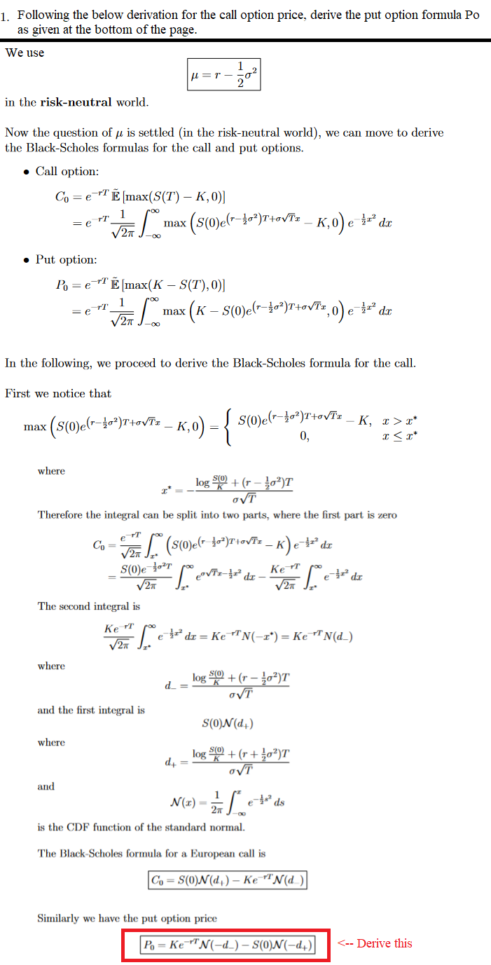 Solved 1. Following the below derivation for the call option | Chegg.com