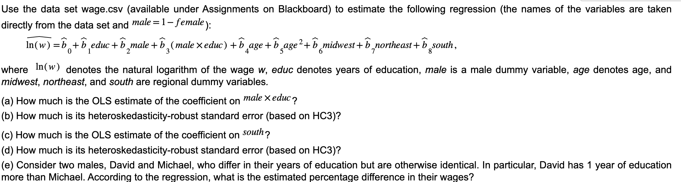 Solved Use the data set wage.csv (available under | Chegg.com