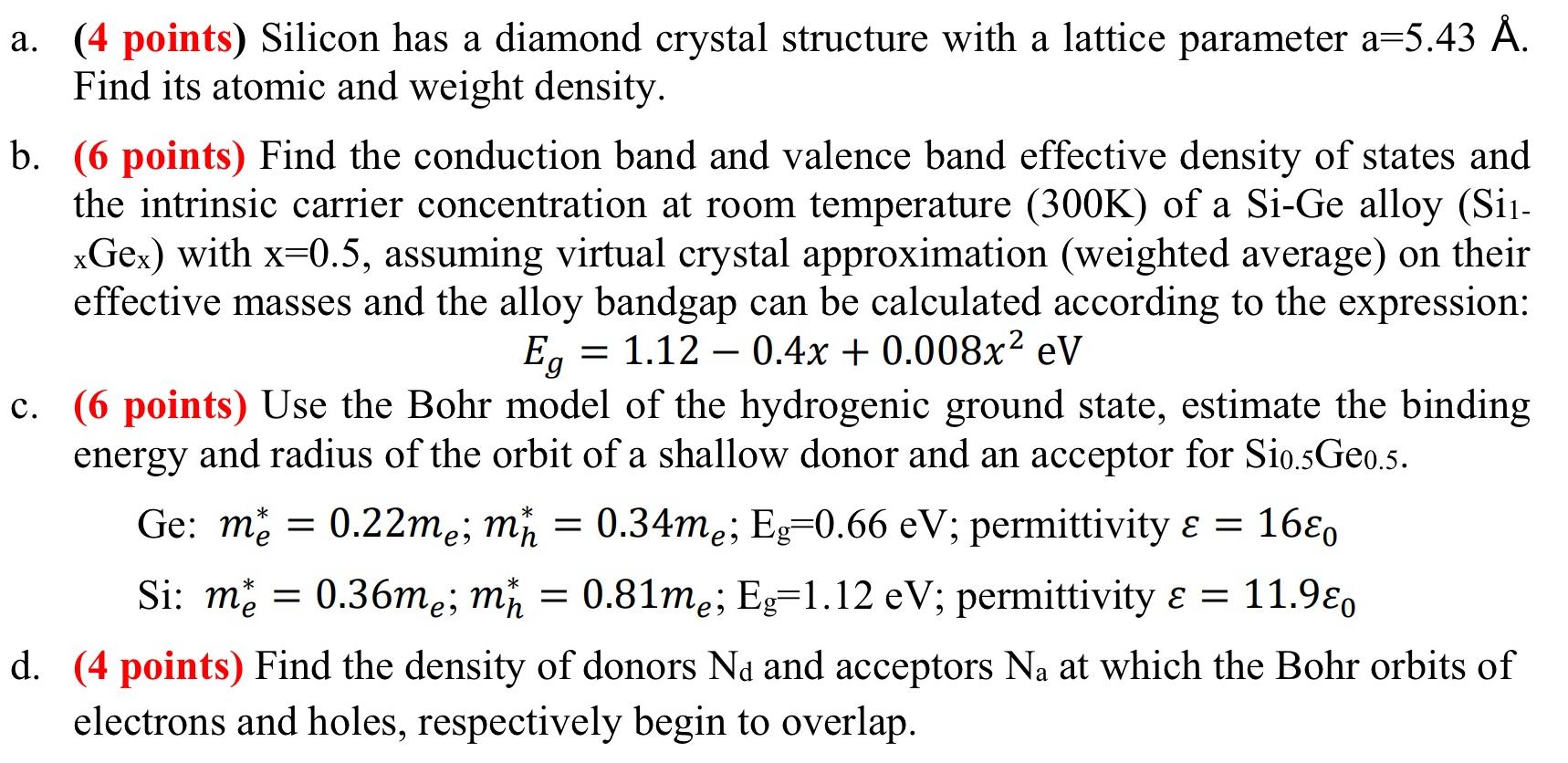(4 points) Silicon has a diamond crystal structure | Chegg.com