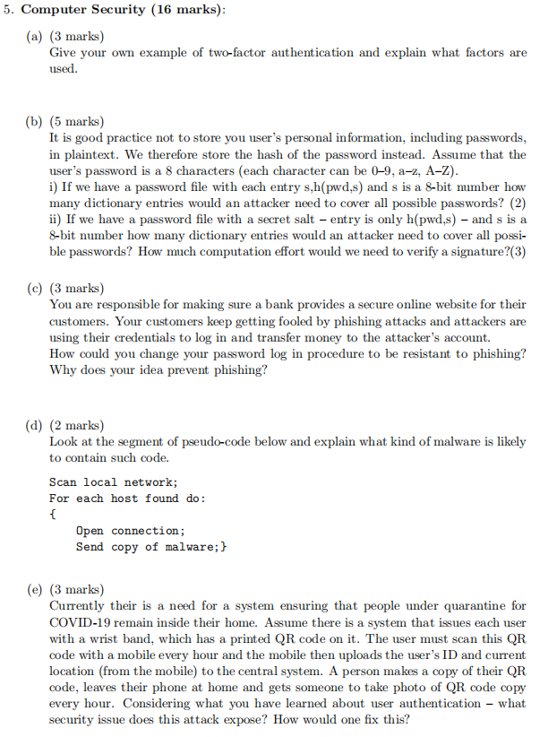 Solved 5. Computer Security (16 marks): (a) (3 marks) Give | Chegg.com