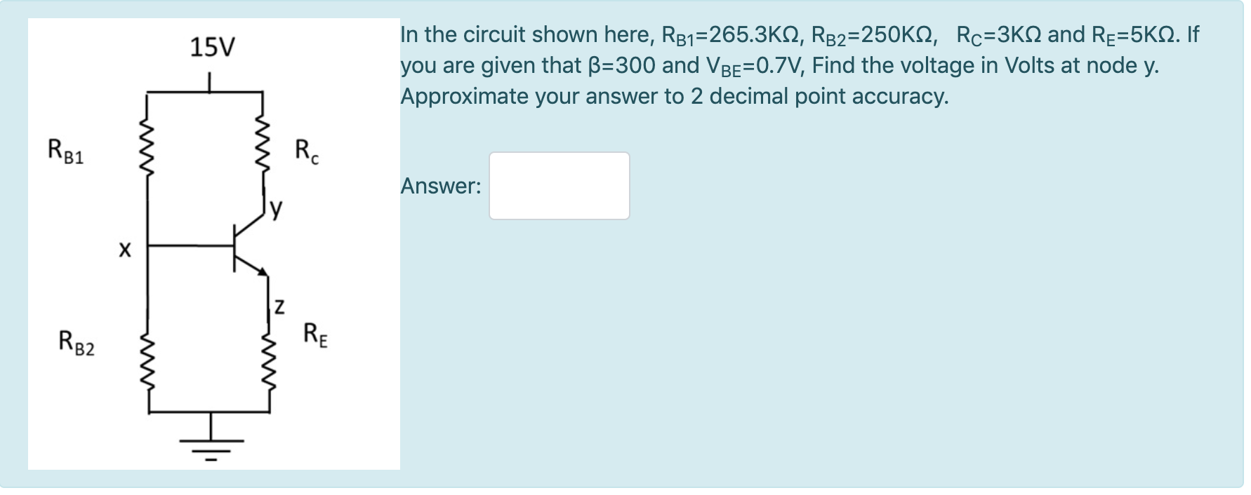 Solved In the circuit shown here, RB1=265.3KΩ, RB2=250KΩ, | Chegg.com