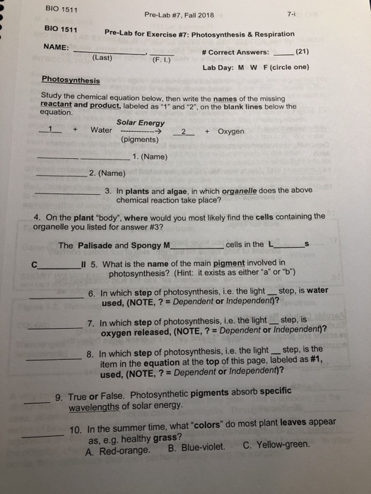 Solved BIO 1511 BIO 1511 NAME Pre-Lab #7, Fall 2018 7-i | Chegg.com