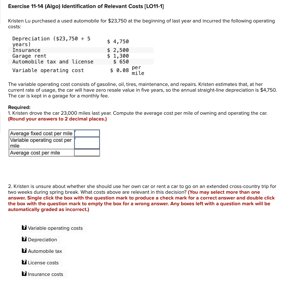 Solved Exercise 11-14 (Algo) Identification of Relevant | Chegg.com