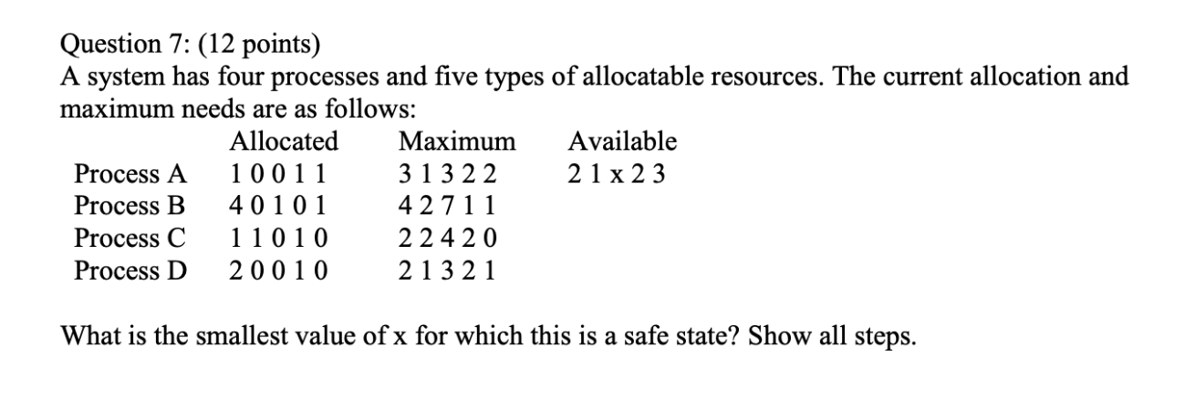 Solved Question 7: (12 points) A system has four processes | Chegg.com