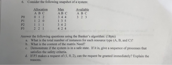 Solved 6. Consider the following snapshot of a system: | Chegg.com