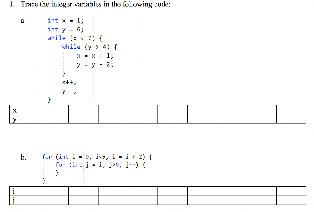 Solved 1. Trace the integer variables in the following code: | Chegg.com