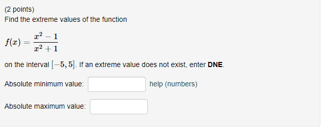 Solved (2 points) Find the extreme values of the function 1 | Chegg.com