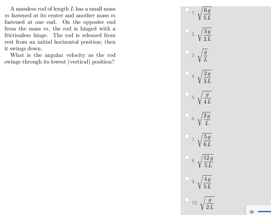 Solved A massless rod of length L has a small mass m | Chegg.com