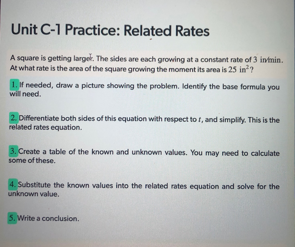 Solved Unit C-1 Practice: Related Rates A square is getting | Chegg.com